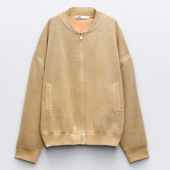 Zara | Jackets & Coats | Zara Knit Bomber Cardigan With Metallic Thread ...